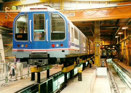 Waterloo & City Line train on jacks at Waterloo Depot